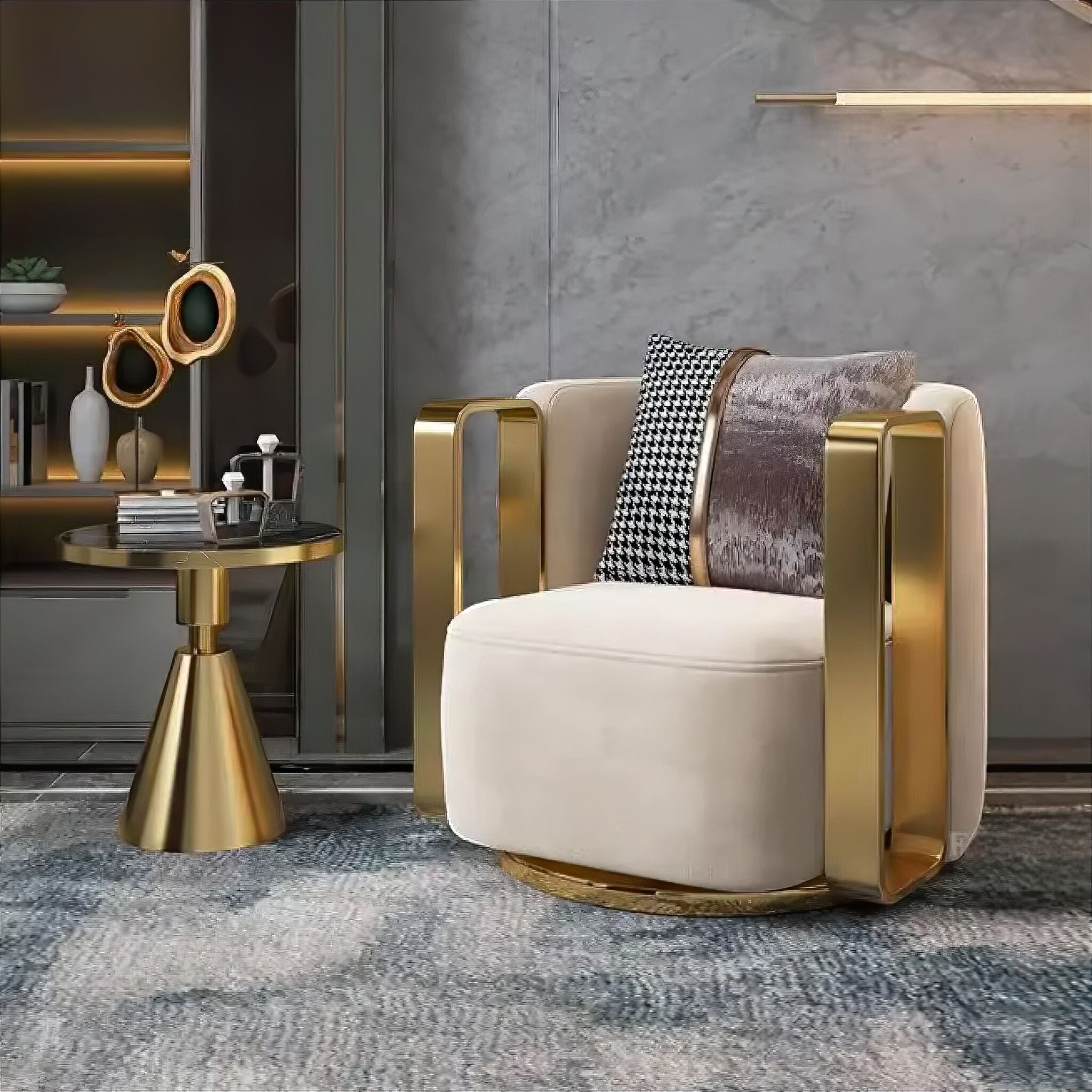 Luxury Swivel Armchair | Gold Metal Acrylic Frame – Victoria Queen